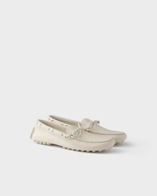 Prada Leather Driving Shoes With Tie Closure - White