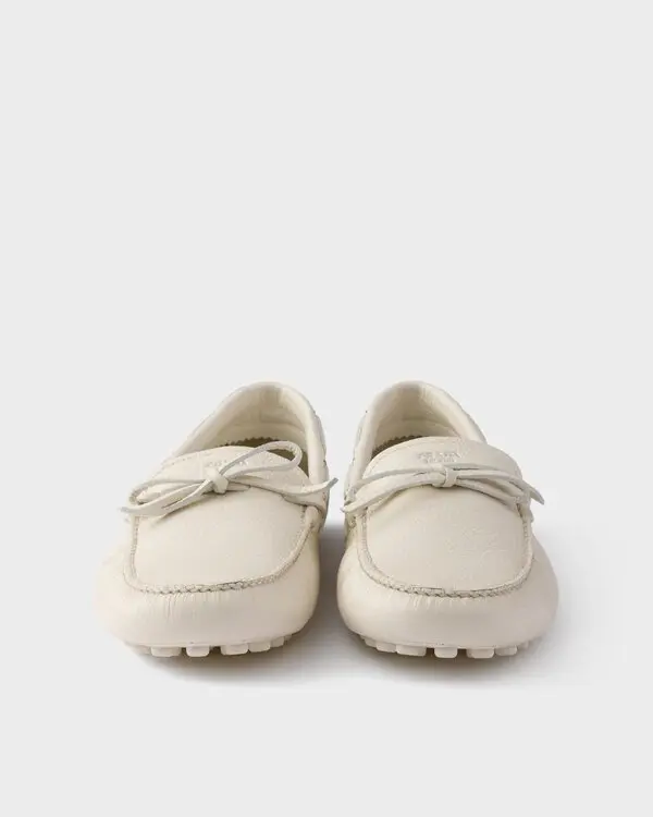 Prada Leather Driving Shoes With Tie Closure - White