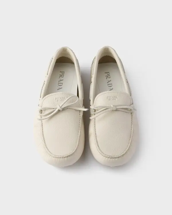Prada Leather Driving Shoes With Tie Closure - White