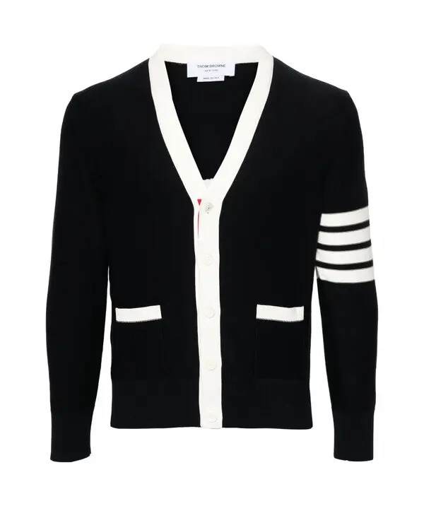 Thom Browne V-neck Knitted Cardigan With Four-stripe Detail - Navy Blue