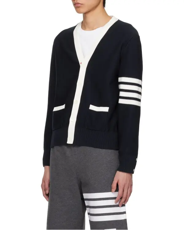 Thom Browne V-neck Knitted Cardigan With Four-stripe Detail - Navy Blue