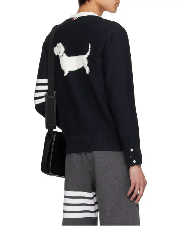 Thom Browne V-neck Knitted Cardigan With Four-stripe Detail - Navy Blue
