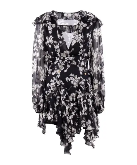 Elisabetta Franchi Ruffled Voile Printed Dress - Black