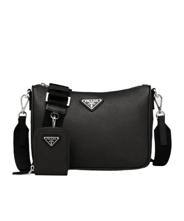 Prada Saffiano Leather Shoulder Bag With Pouches - Black