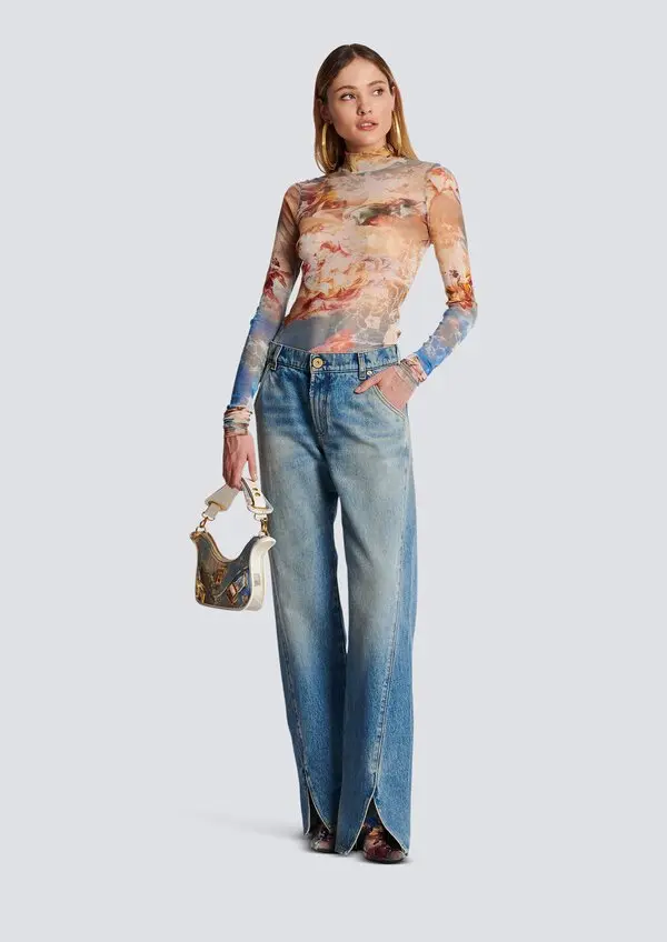 Balmain Sky Printed Long Sleeve Tulle Top