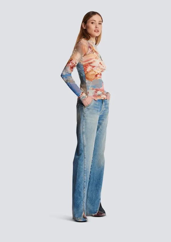Balmain Sky Printed Long Sleeve Tulle Top