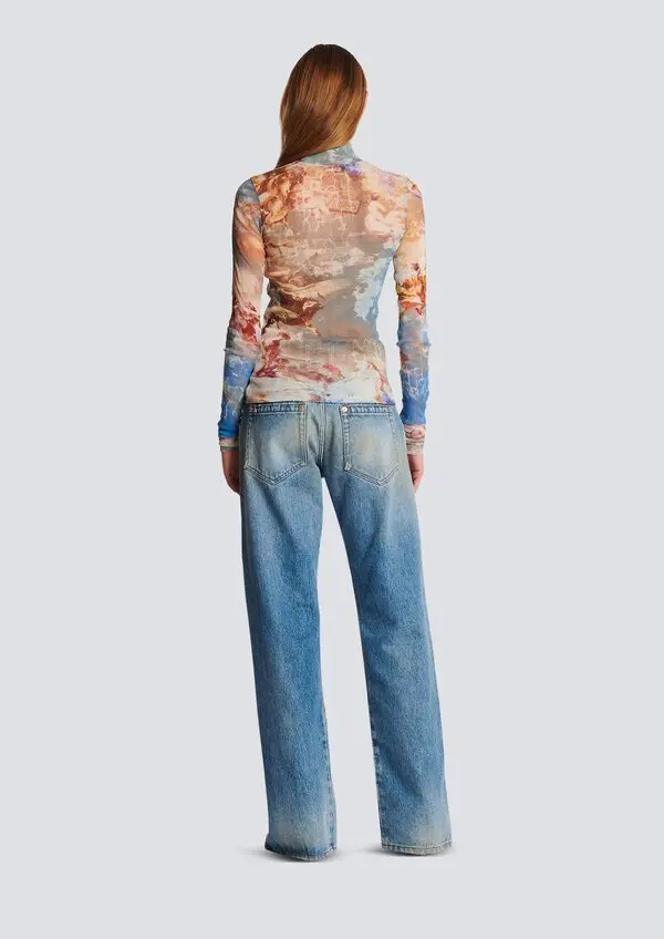 Balmain Sky Printed Long Sleeve Tulle Top