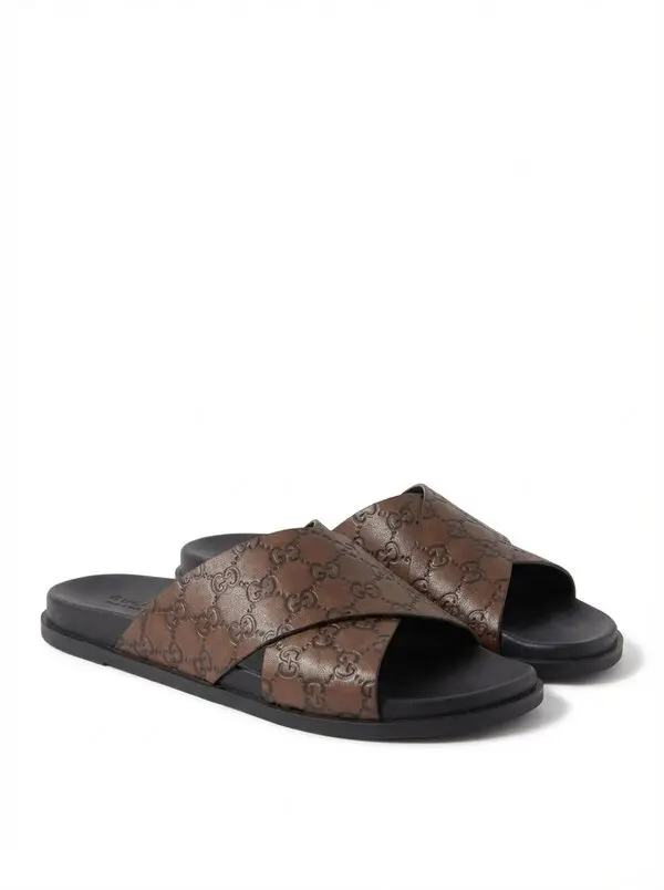 Gucci Embossed Gg Leather Slide Sandals - Brown