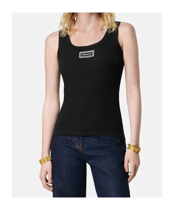Versace Ribbed Sleeveless Top With Retro Logo Patch - Black