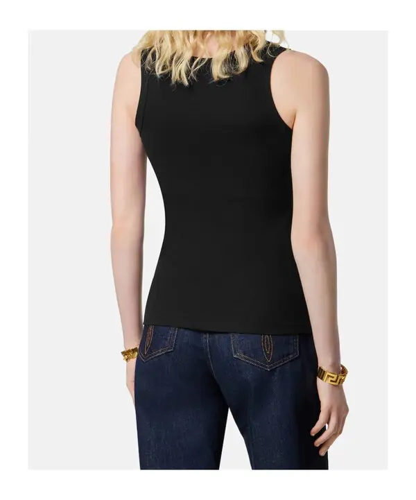 Versace Ribbed Sleeveless Top With Retro Logo Patch - Black