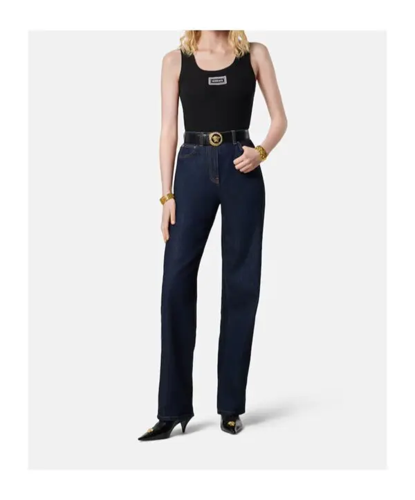 Versace Ribbed Sleeveless Top With Retro Logo Patch - Black