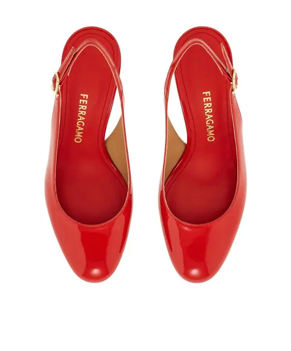 FERRAGAMO Patent Calfskin Slingback Heels - Flame Red