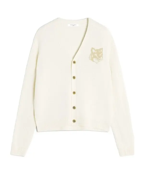 Maison Kitsuné Long Sleeve Buttoned Cardigan With Fox Head Intarsia - Beige/tan