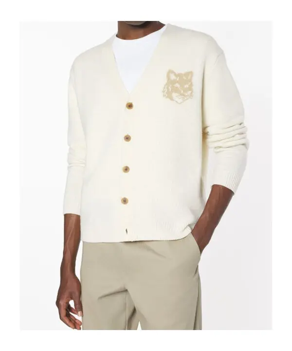 Maison Kitsuné Long Sleeve Buttoned Cardigan With Fox Head Intarsia - Beige/tan