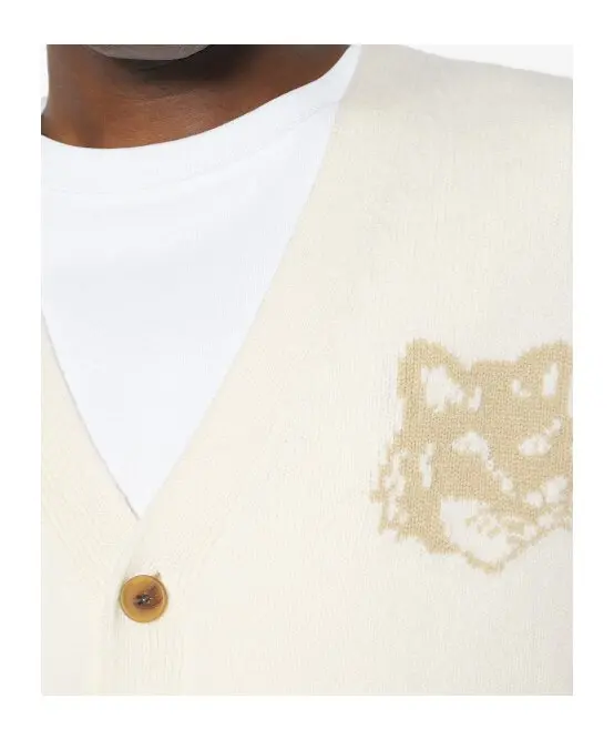 Maison Kitsuné Long Sleeve Buttoned Cardigan With Fox Head Intarsia - Beige/tan