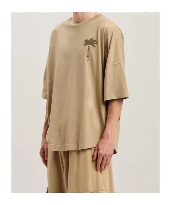 Palm Angels Logo Printed Crew Neck T-shirt - Beige
