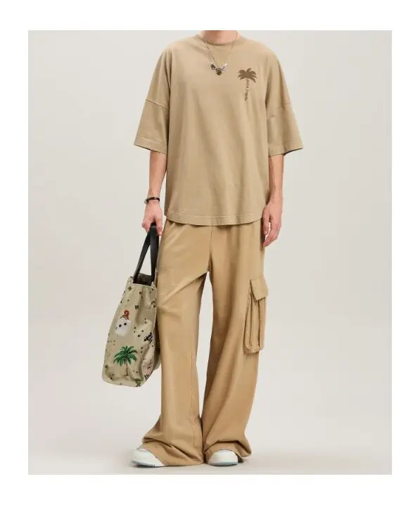 Palm Angels Logo Printed Crew Neck T-shirt - Beige