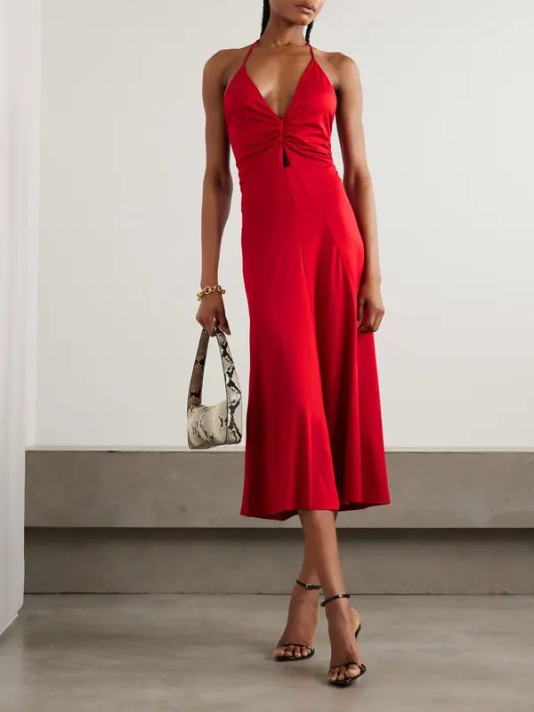 Victoria Beckham Satin Knit Plunge Neck Cutout Midi Dress - Red