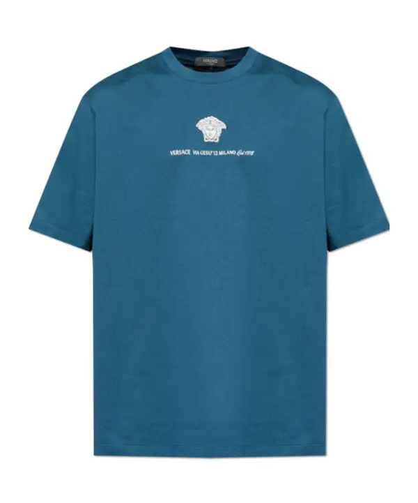 Versace Logo Embroidered Crewneck T-shirt - Blue