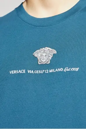Versace Logo Embroidered Crewneck T-shirt - Blue