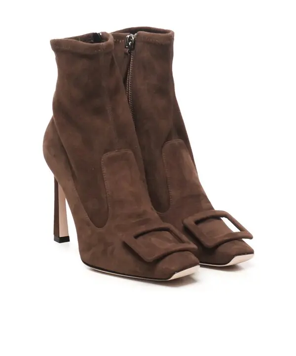 ROGER VIVIER Square Buckle Heeled Ankle Boots - Brown