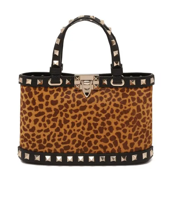 Valentino Garavani Mini Rockstud Shopping Bag In Ponyskin Effect Calfskin With Animal Print - Brown