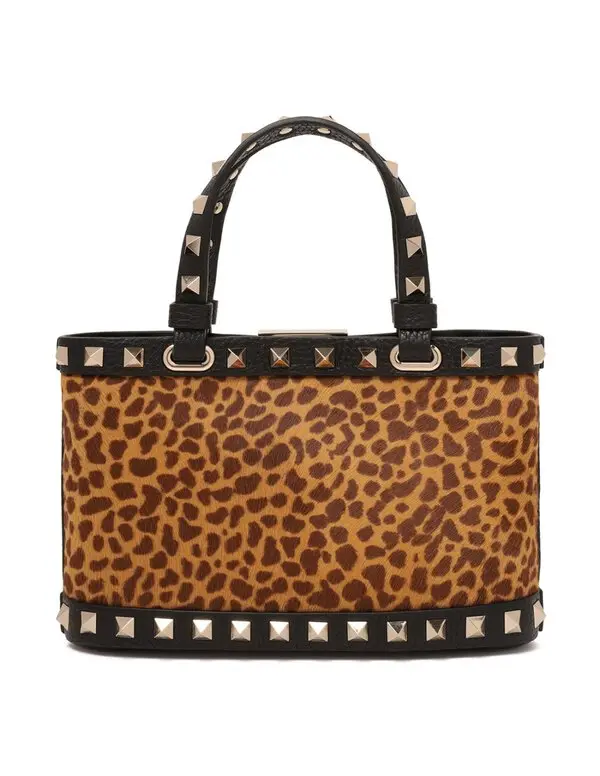 Valentino Garavani Mini Rockstud Shopping Bag In Ponyskin Effect Calfskin With Animal Print - Brown