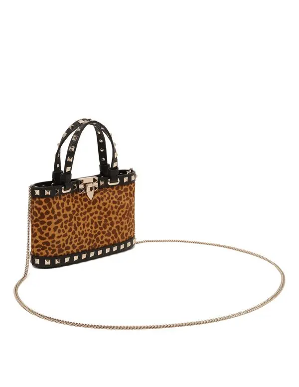 Valentino Garavani Mini Rockstud Shopping Bag In Ponyskin Effect Calfskin With Animal Print - Brown