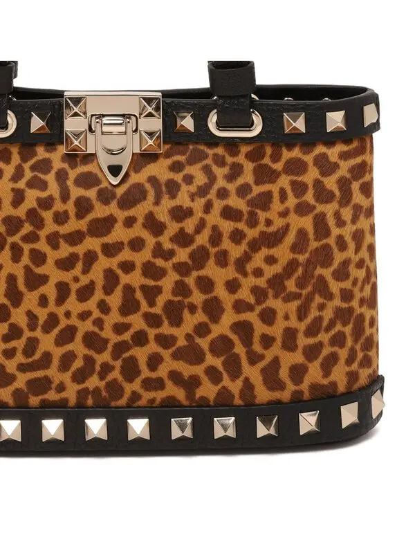 Valentino Garavani Mini Rockstud Shopping Bag In Ponyskin Effect Calfskin With Animal Print - Brown