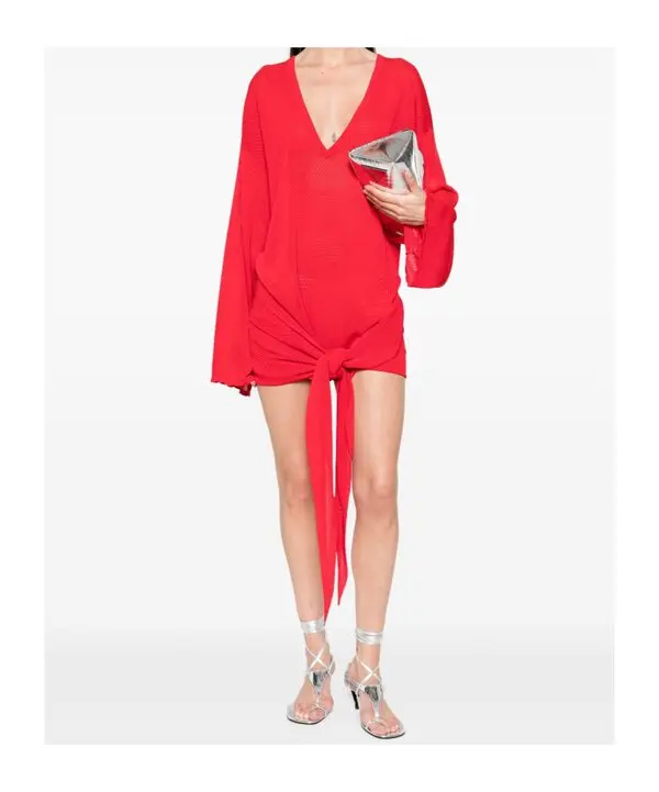 Attico Long Sleeve V-neck Tie Front Mini Dress