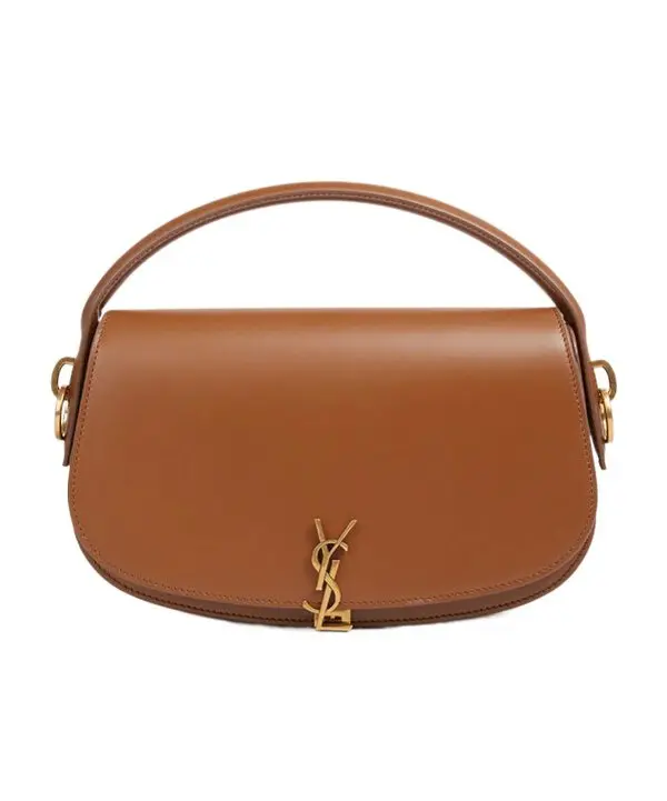 Saint Laurent Foldover Top Tote Bag With Logo Plaque - Camel
