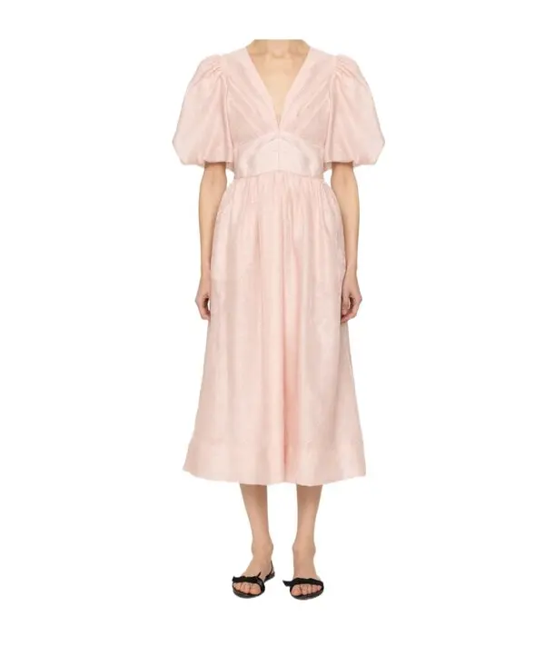 Sea Puff-sleeve V-neck Midi Dress