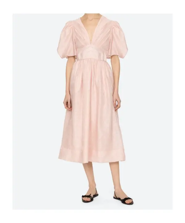 Sea Puff-sleeve V-neck Midi Dress