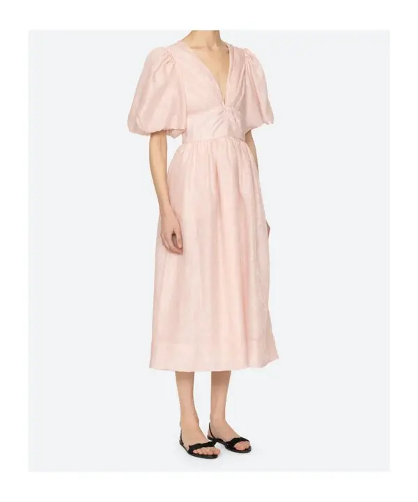 Sea Puff-sleeve V-neck Midi Dress