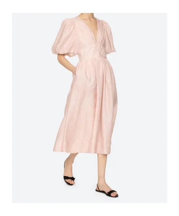 Sea Puff-sleeve V-neck Midi Dress