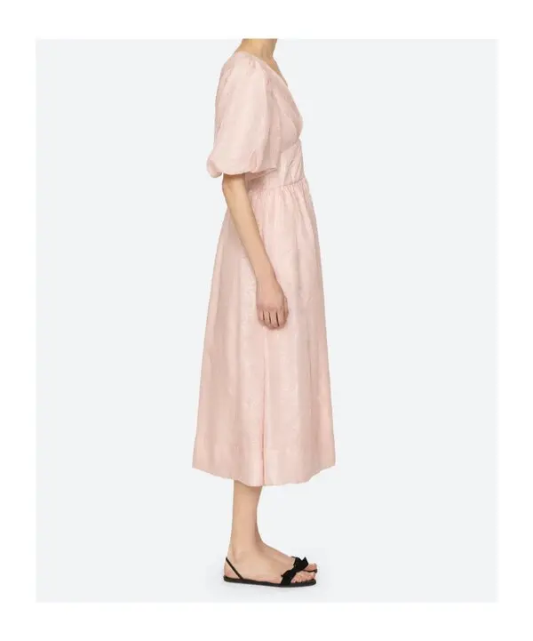 Sea Puff-sleeve V-neck Midi Dress