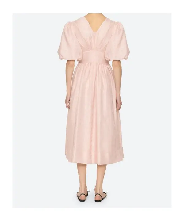 Sea Puff-sleeve V-neck Midi Dress