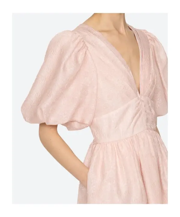 Sea Puff-sleeve V-neck Midi Dress