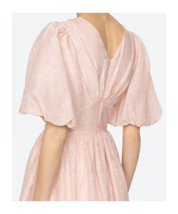 Sea Puff-sleeve V-neck Midi Dress