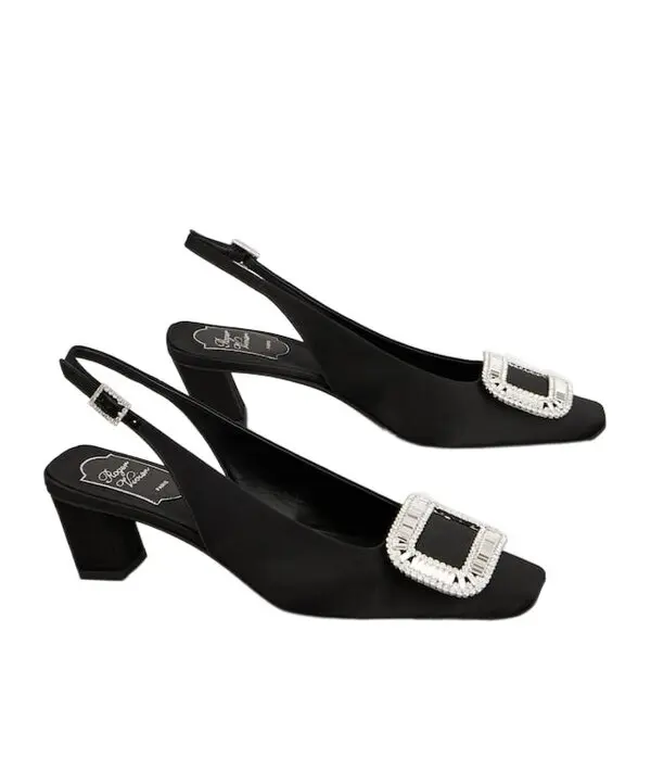 ROGER VIVIER Belle Vivier Slingback Pumps In Satin With Crystal Buckle - Black