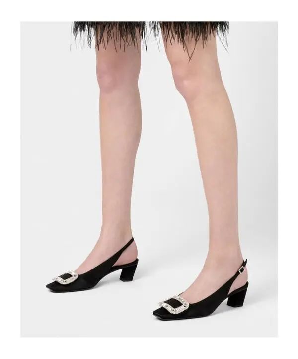 ROGER VIVIER Belle Vivier Slingback Pumps In Satin With Crystal Buckle - Black