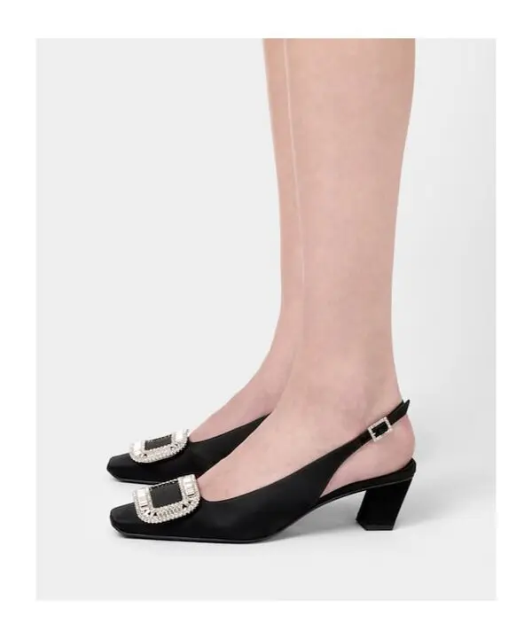 ROGER VIVIER Belle Vivier Slingback Pumps In Satin With Crystal Buckle - Black