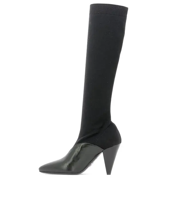 Prada Paneled Knee-high Pointed Toe Stiletto Boots