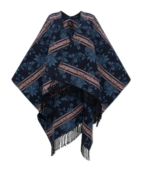 Etro Floral Jacquard Cape With Tassels - Navy Blue