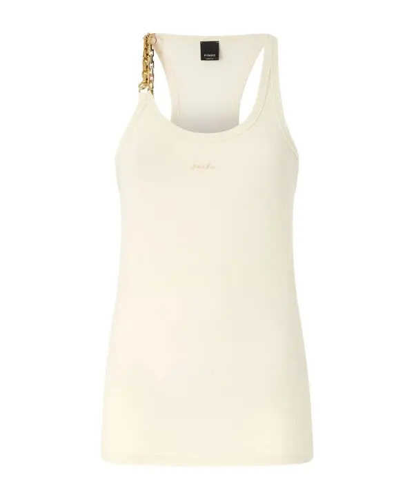 Pinko Ribbed Tank Top With Chain Strap - Beige