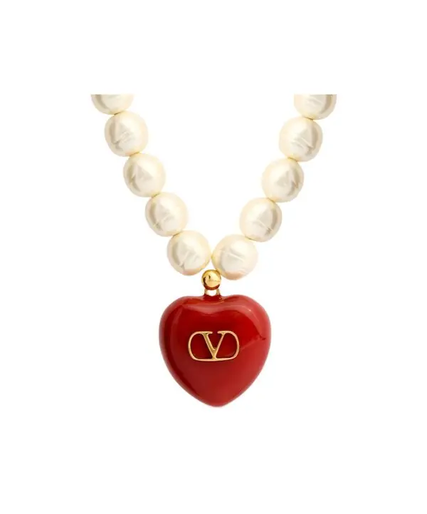 Valentino Garavani Heart Pendant Necklace With Faux Pearls - Yellow