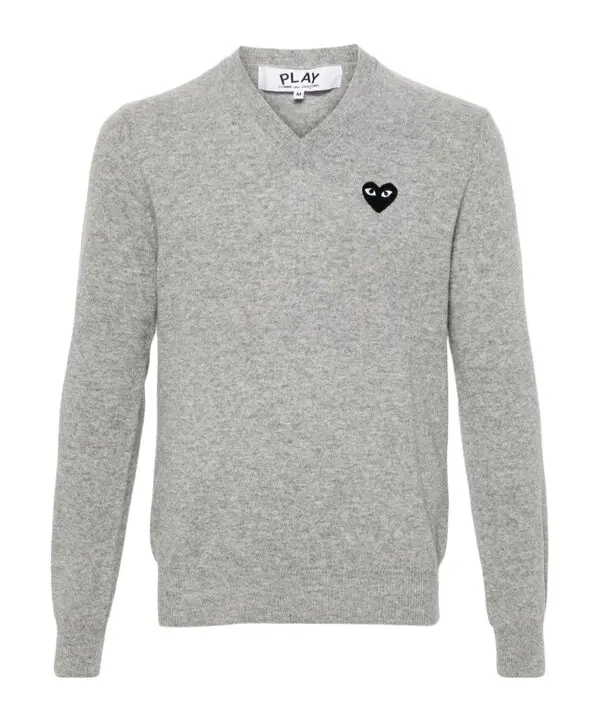 Play Comme Des Garcon V-neck Sweater With Heart Applique - Light Grey