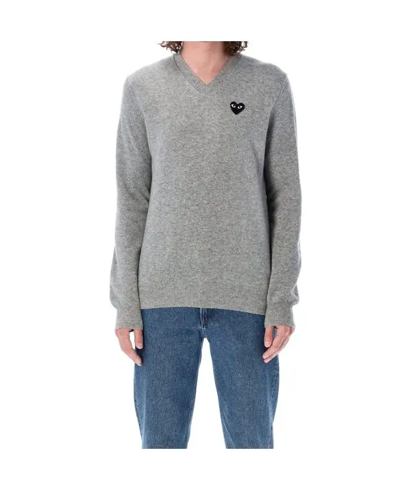 Play Comme Des Garcon V-neck Sweater With Heart Applique - Light Grey
