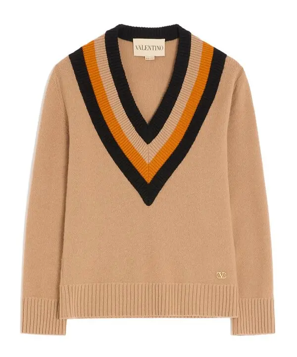Valentino Garavani Wool Jumper With V-neck And Graphic Print - Nude