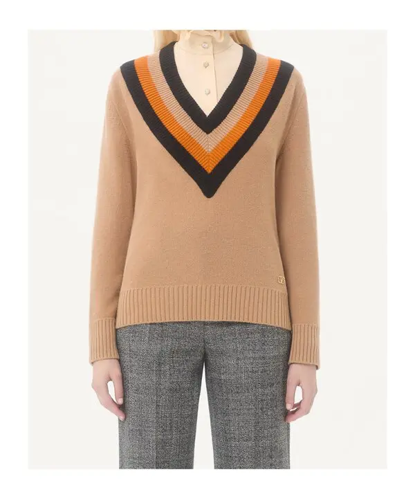Valentino Garavani Wool Jumper With V-neck And Graphic Print - Nude